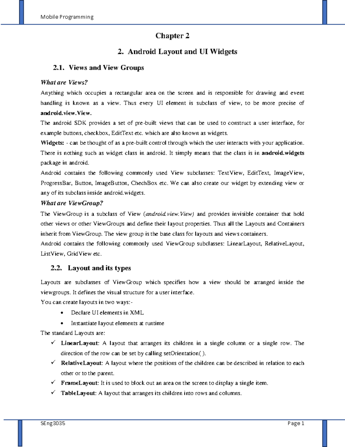 Chapter 2: Understanding Android Layouts and UI Widgets (CS101) - Studocu