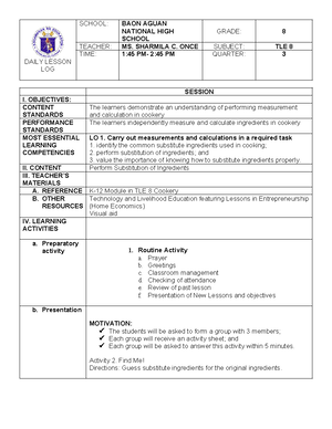 TLE Matatag WEEK 1 - TLE LESSON PLAN - DAILY LESSON LOG SCHOOL: BAON ...