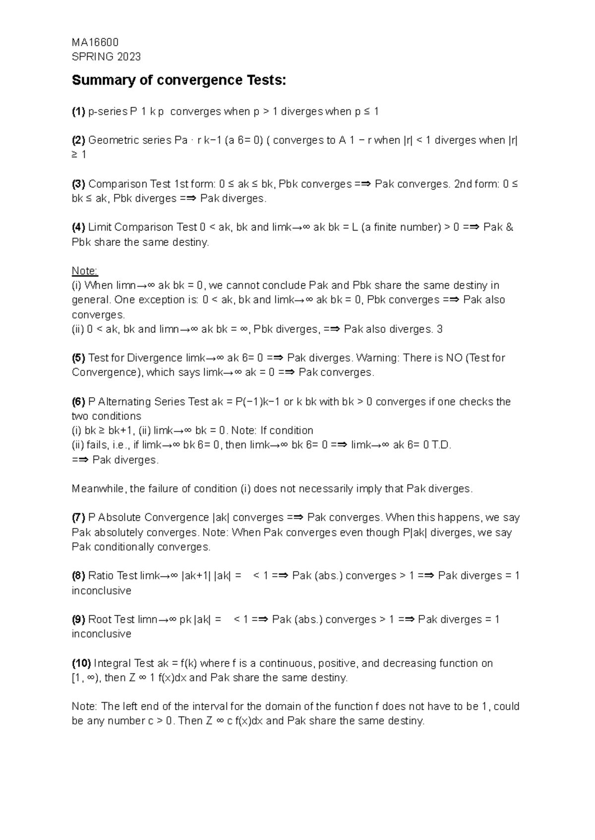 MA16600 Exam3 Notes Summary of convergence Tests - MA SPRING 2023 ...