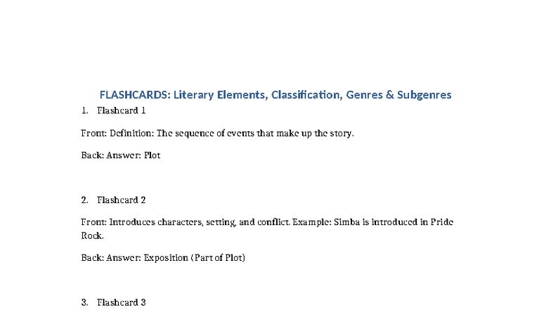 Literature Flashcards: Elements, Genres & Plot Structure - Studocu