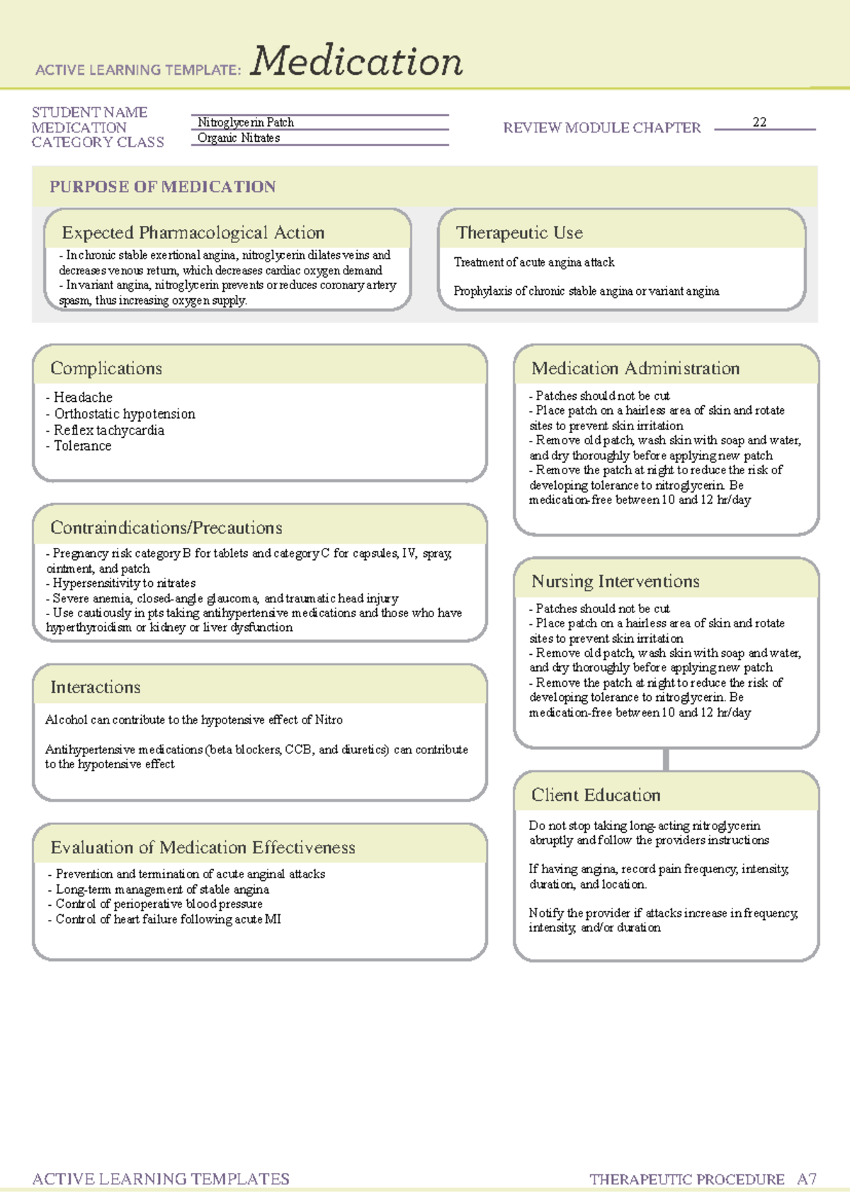 Nitroglycerin Patch - ATI Active Learning Templates Overview - Studocu