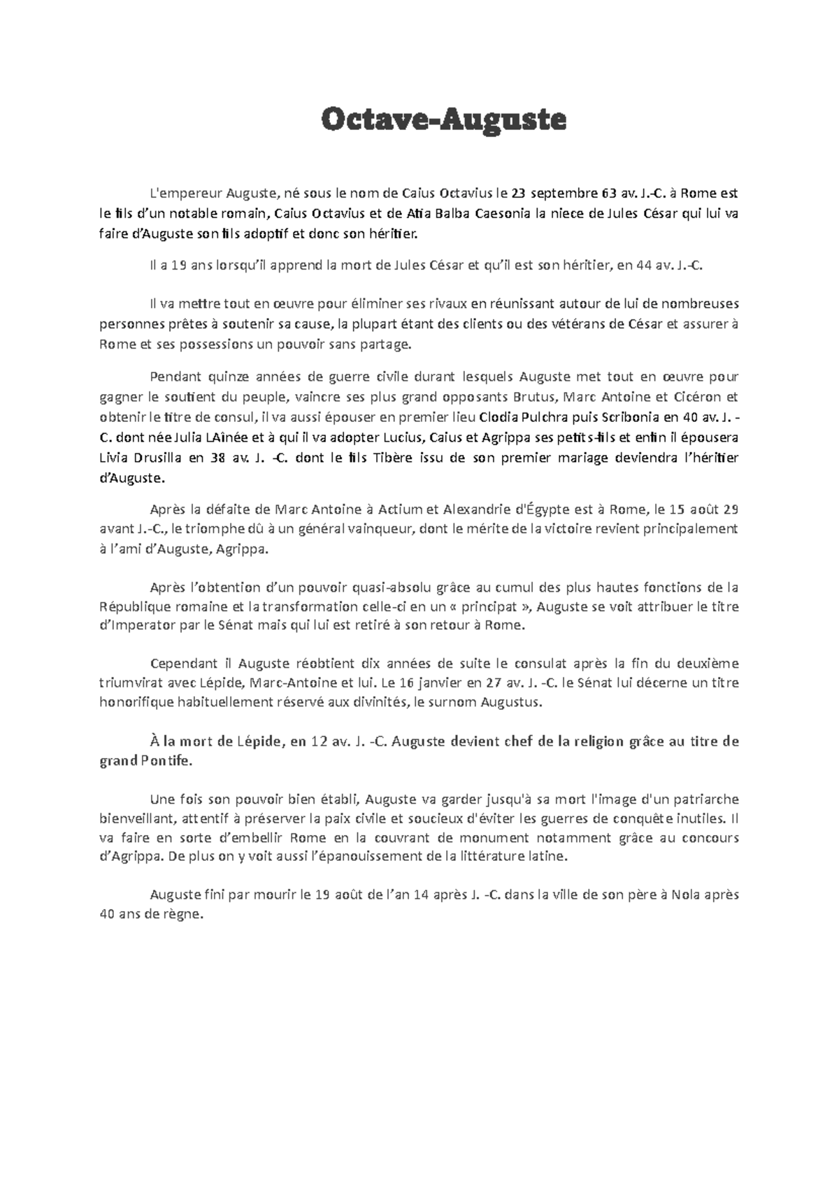 Biographie d'Octave-Auguste : Son Ascension et Héritage - Studocu