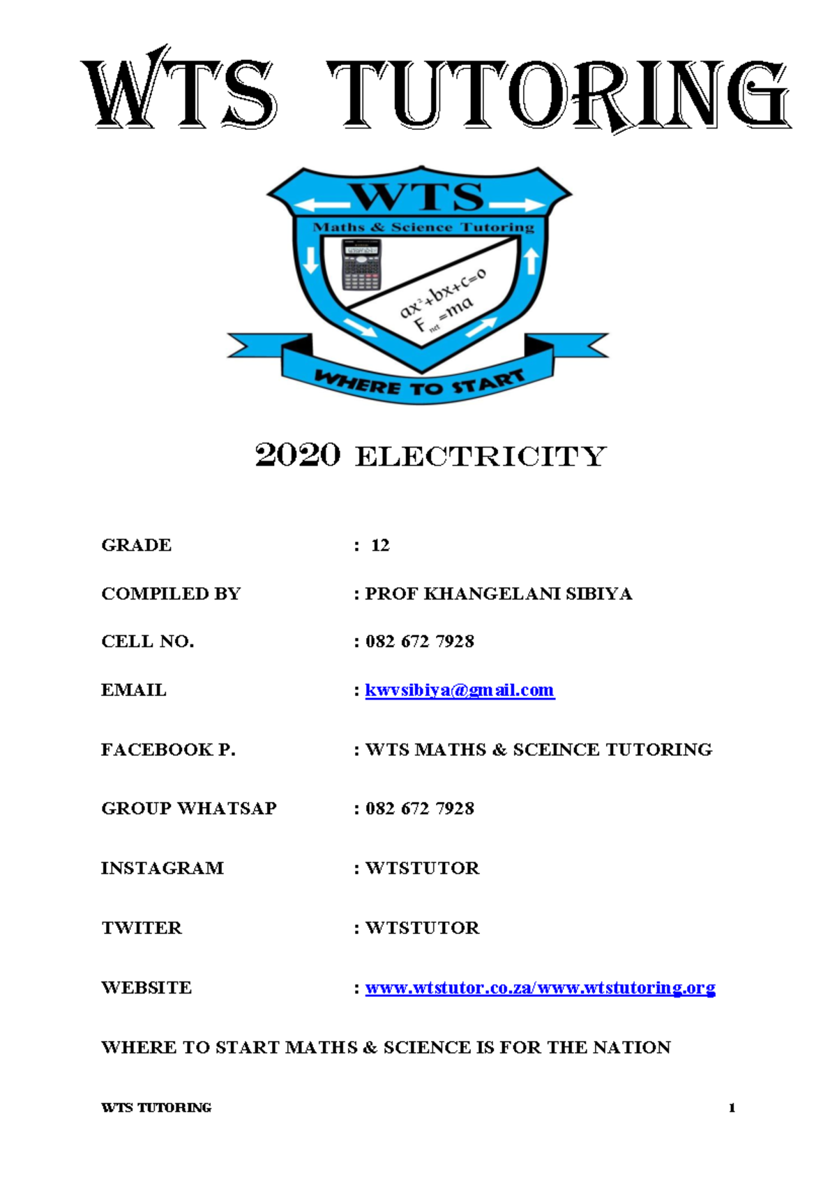 WTS 12 Electricity Comprehensive Study Guide and Notes - Studocu