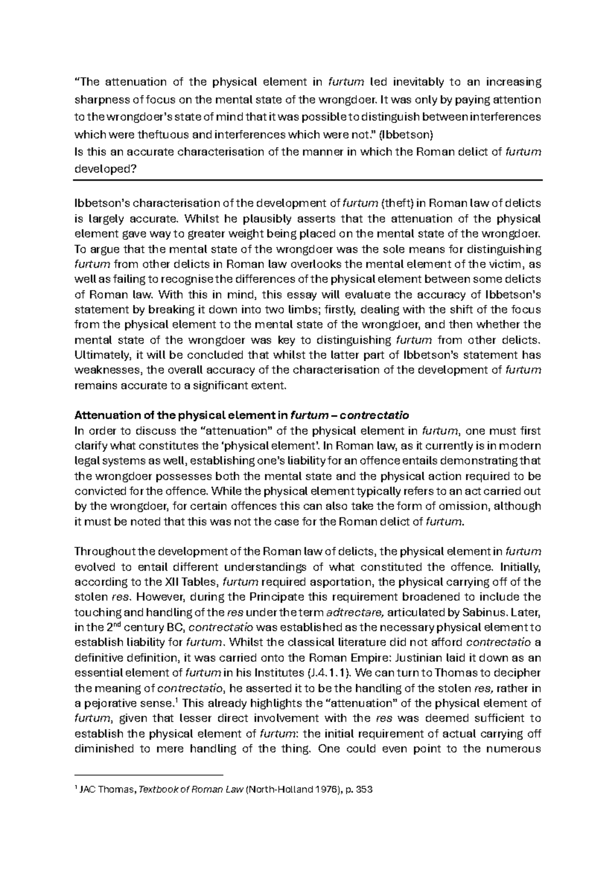 Roman Law Delicts Essay: The Evolution of Furtum and Mental State Focus ...