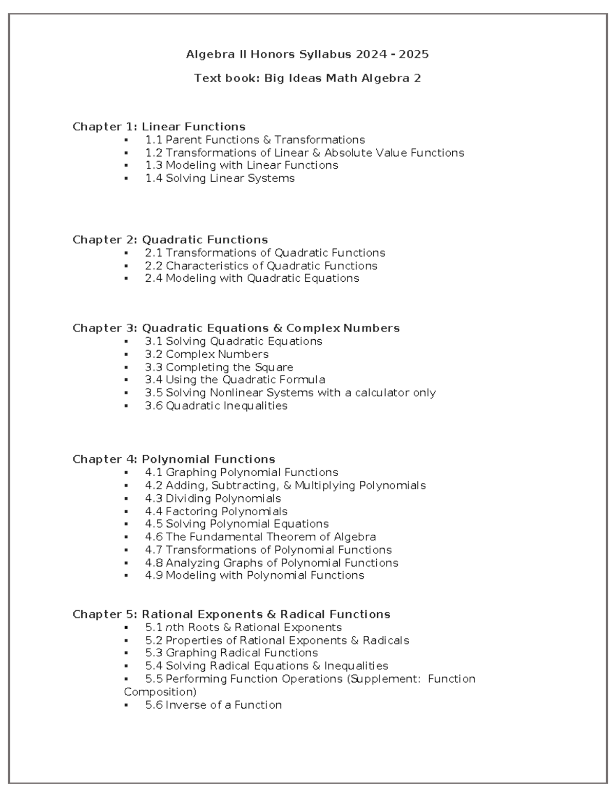 Algebra II Honors Syllabus 2024-2025: Big Ideas Math Overview - Studocu