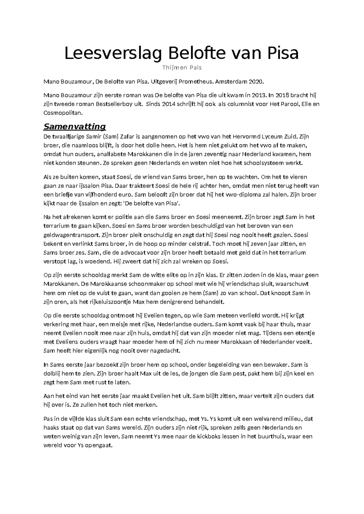 Leesverslag: De Belofte van Pisa - Analyse en Reflecties - Studeersnel