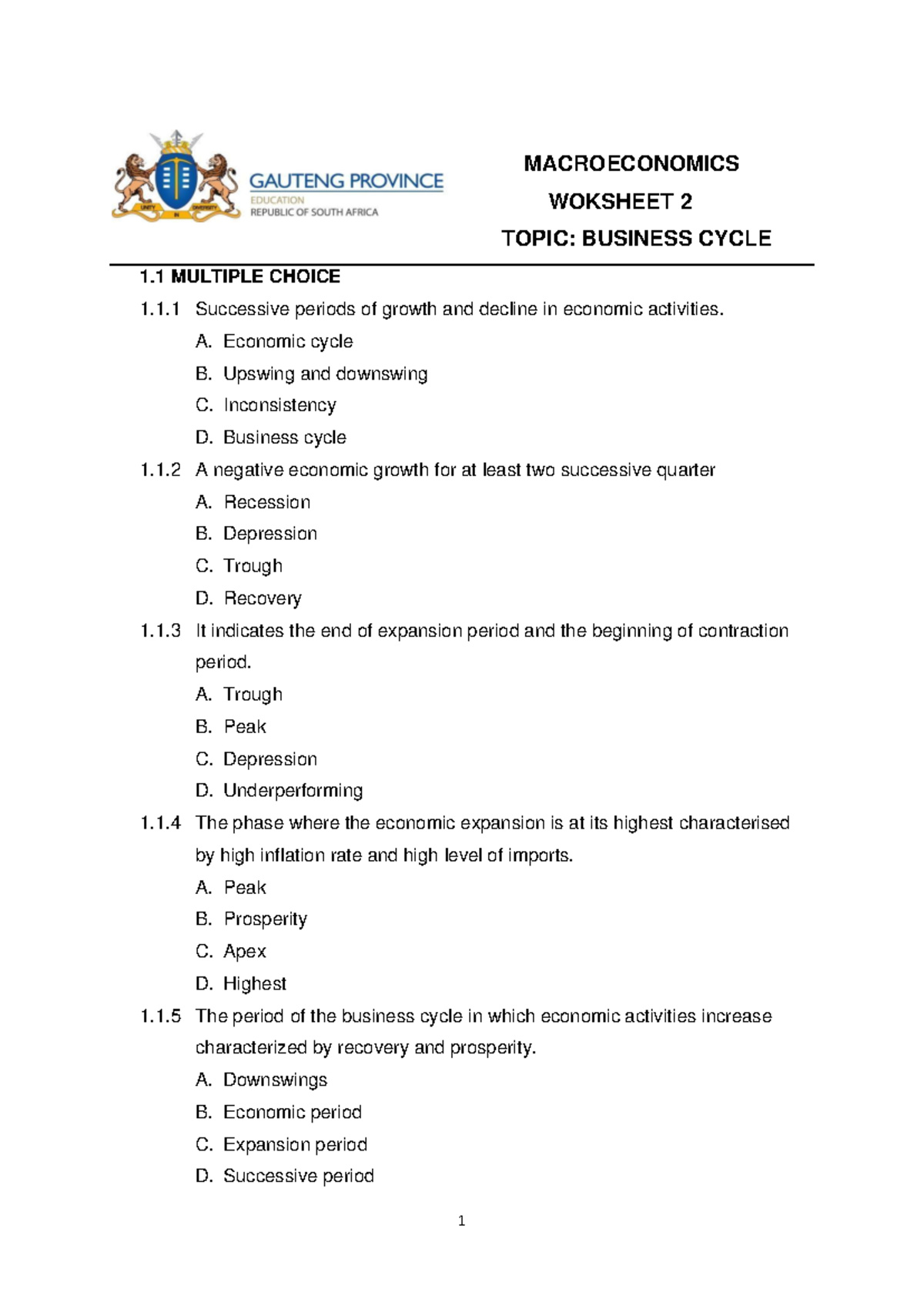 Business Cycle Worksheet 1 - MACROECONOMICS WOKSHEET 2 ... TOPIC ...