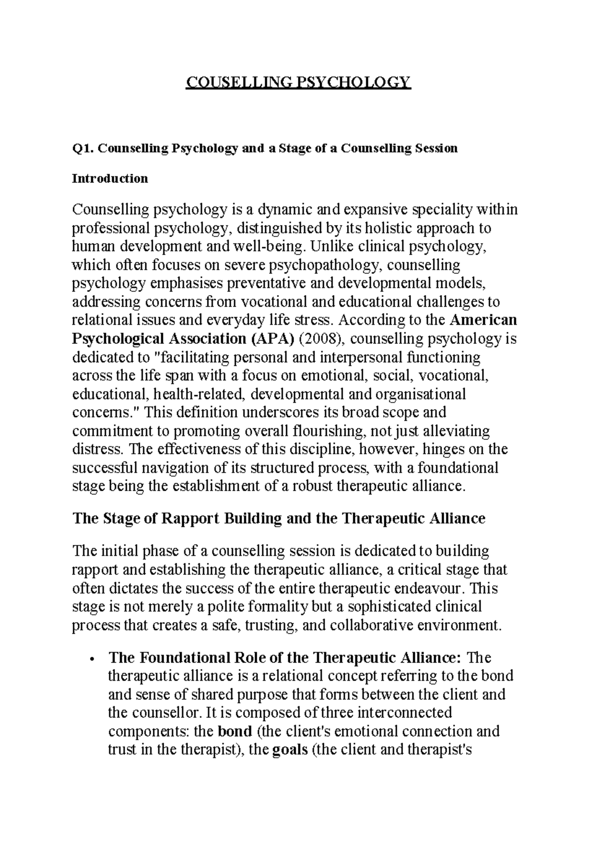 COUNSELLING PSYCHOLOGY Q1: Stages of a Counselling Session Analysis ...
