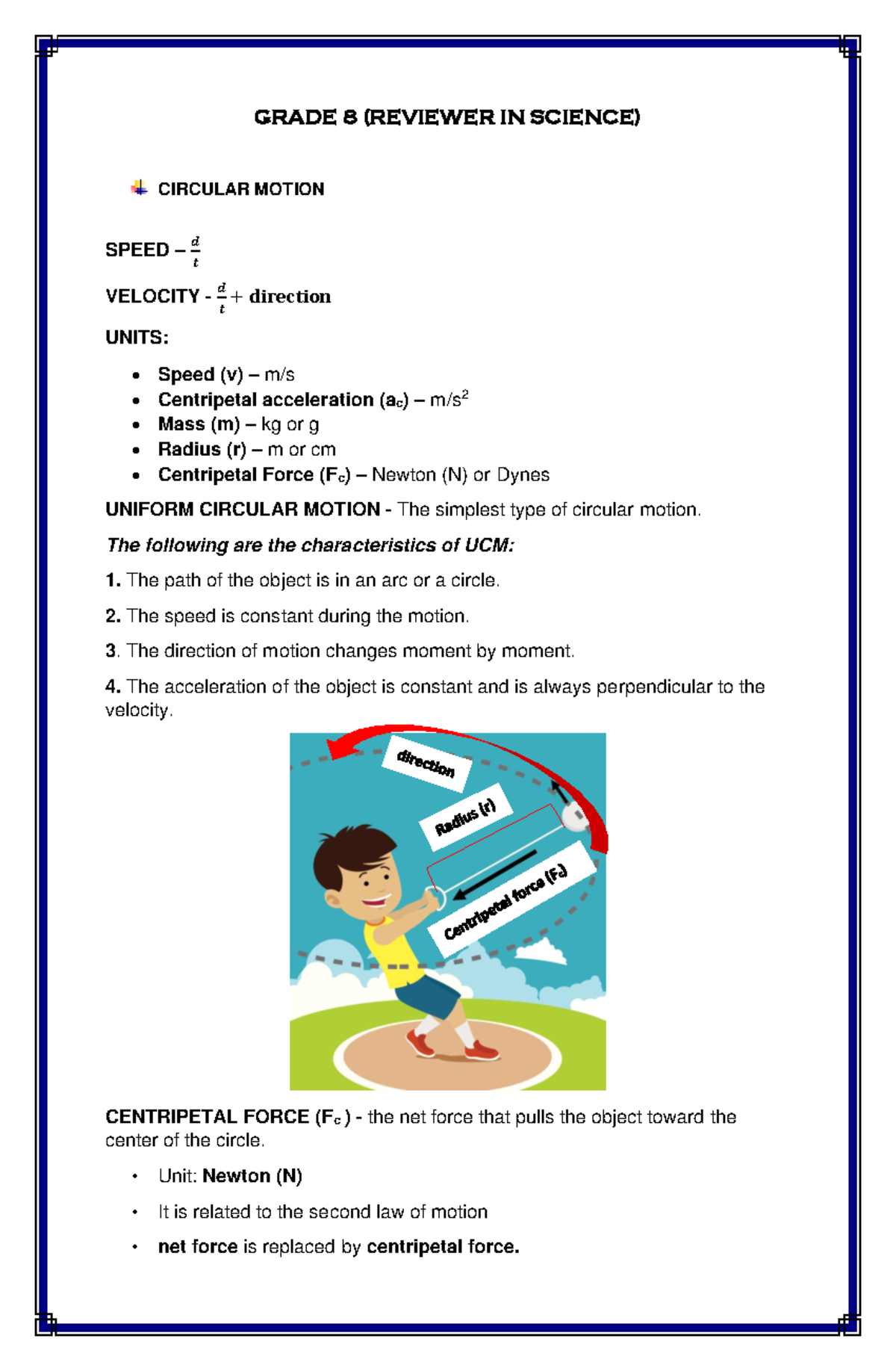 Grade 8 Science Reviewer: Circular Motion Concepts and Problems - Studocu