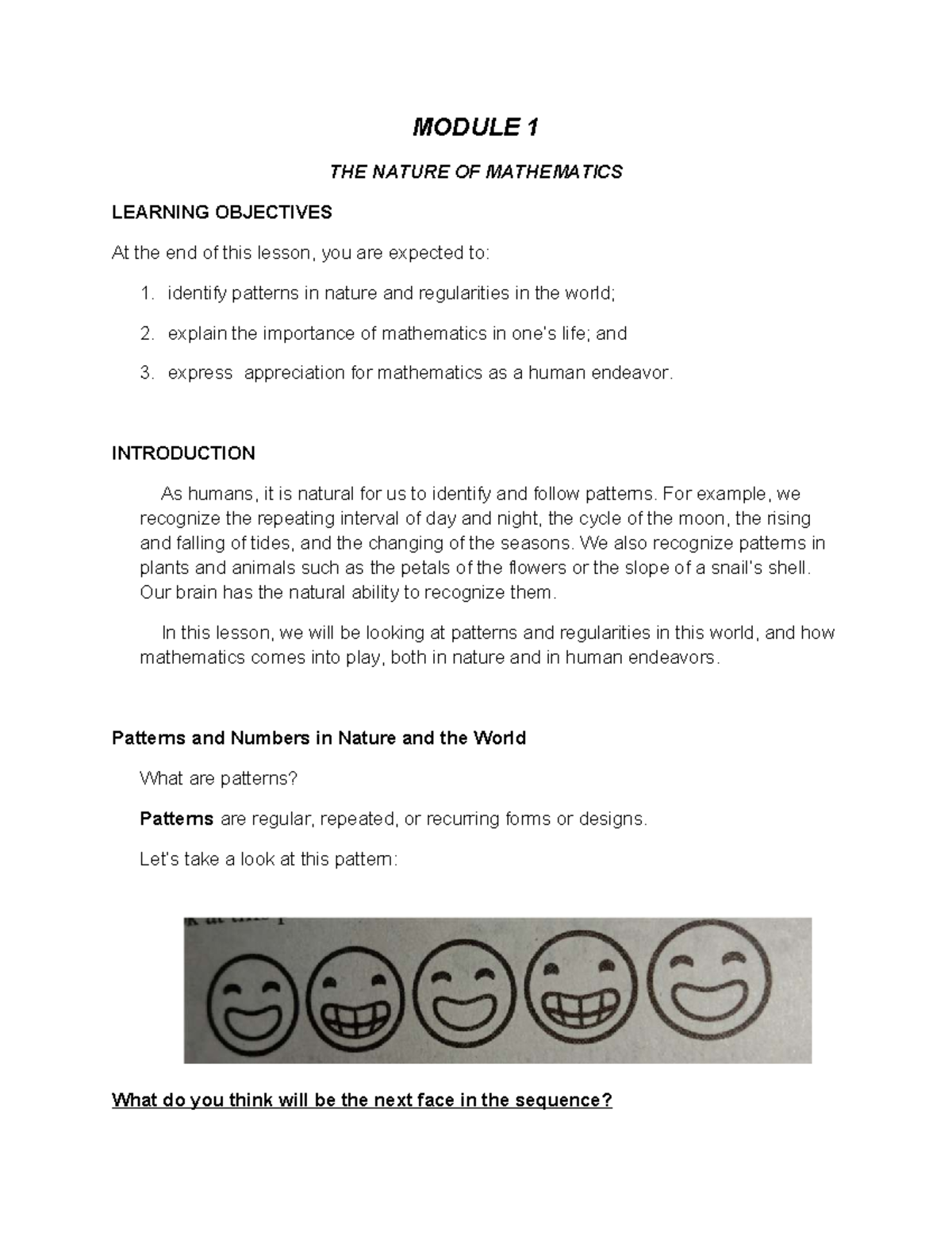 MATH 101 Module 1: Exploring Patterns and Mathematics in Nature - Studocu
