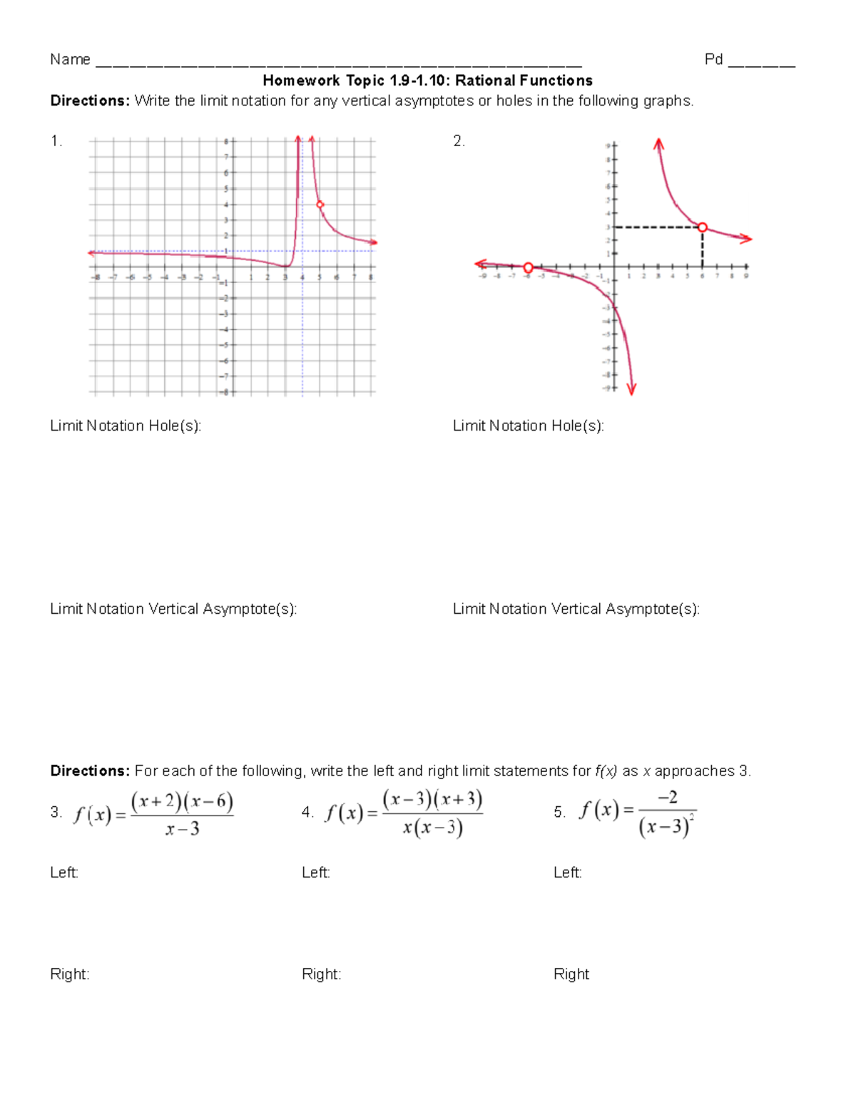Rational Functions HW 1.9-1.10: VA, Holes & Limits Analysis - Studocu