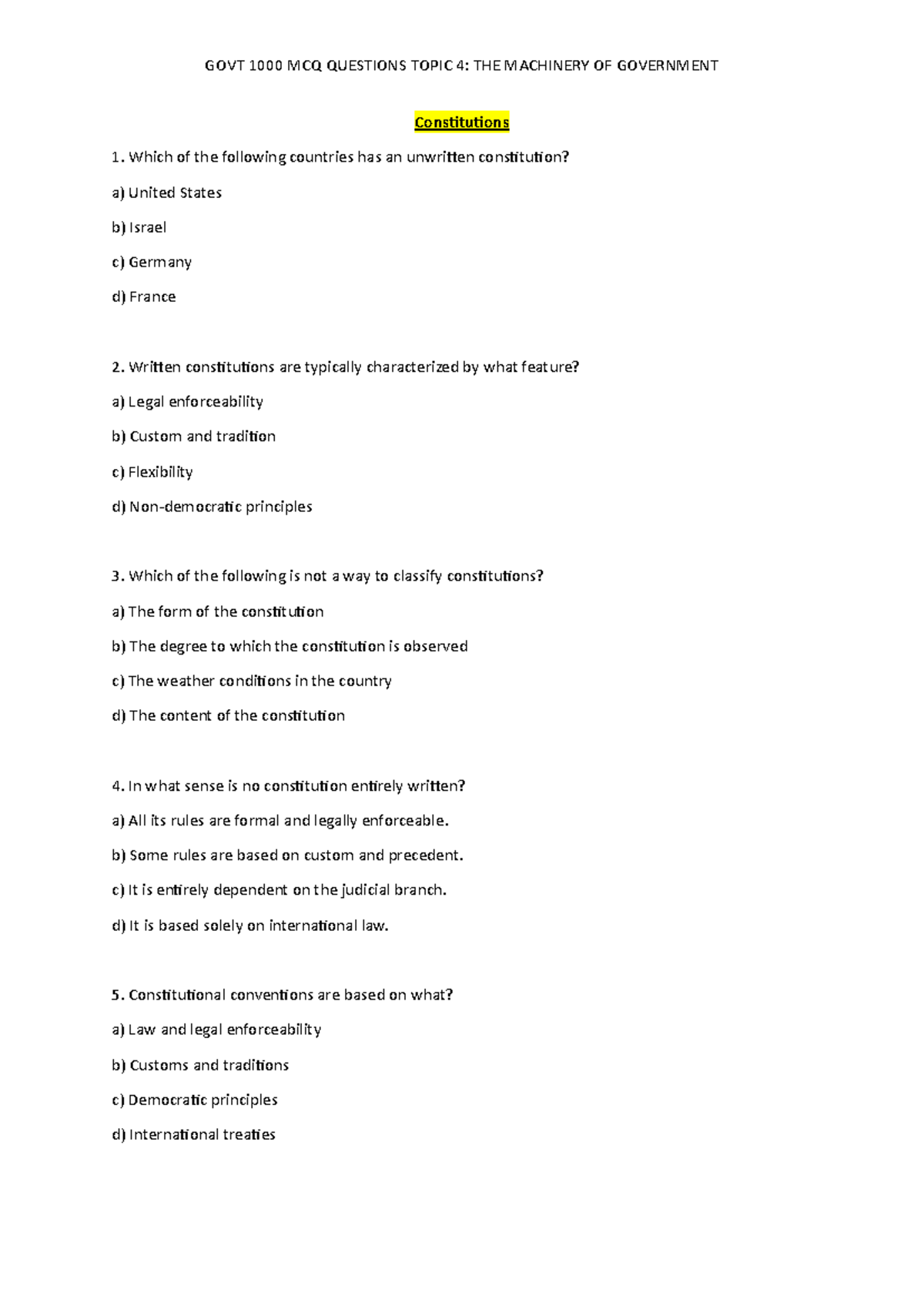 GOVT 1000 MCQ QUESTIONS: TOPIC 4 - THE MACHINERY OF GOVERNMENT - Studocu