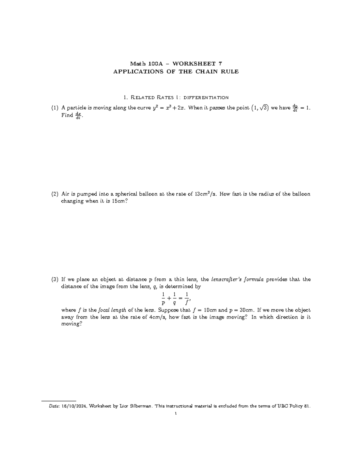 07 Related Rates - worksheet - Math 100A – WORKSHEET 7 APPLICATIONS OF ...