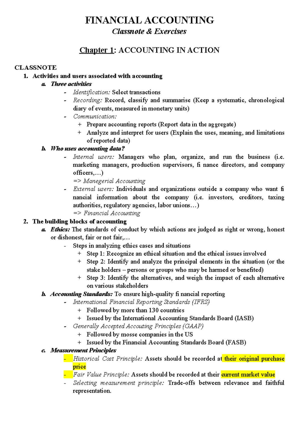 FINANCIAL ACCOUNTING Classnote Exercises: Chapter 1 - Accounting in ...