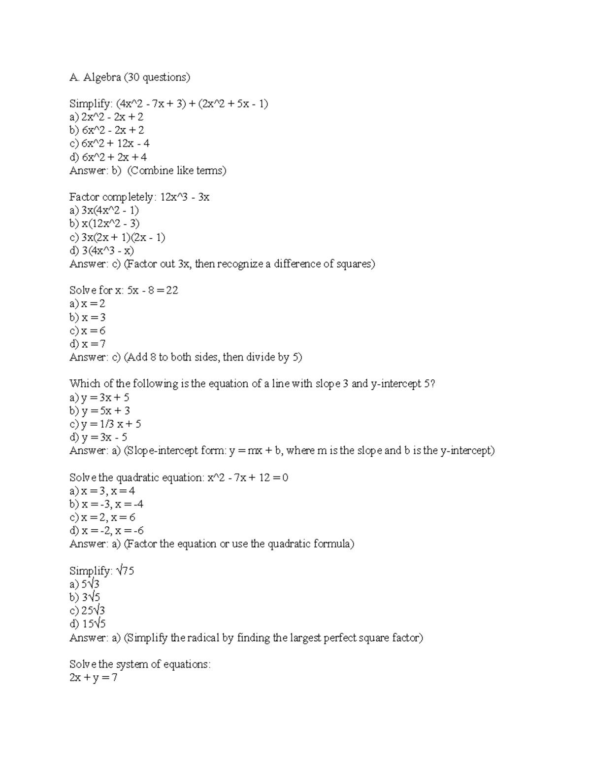 Algebra Entrance Exam Mock Test - Practice Materials for Success - Studocu