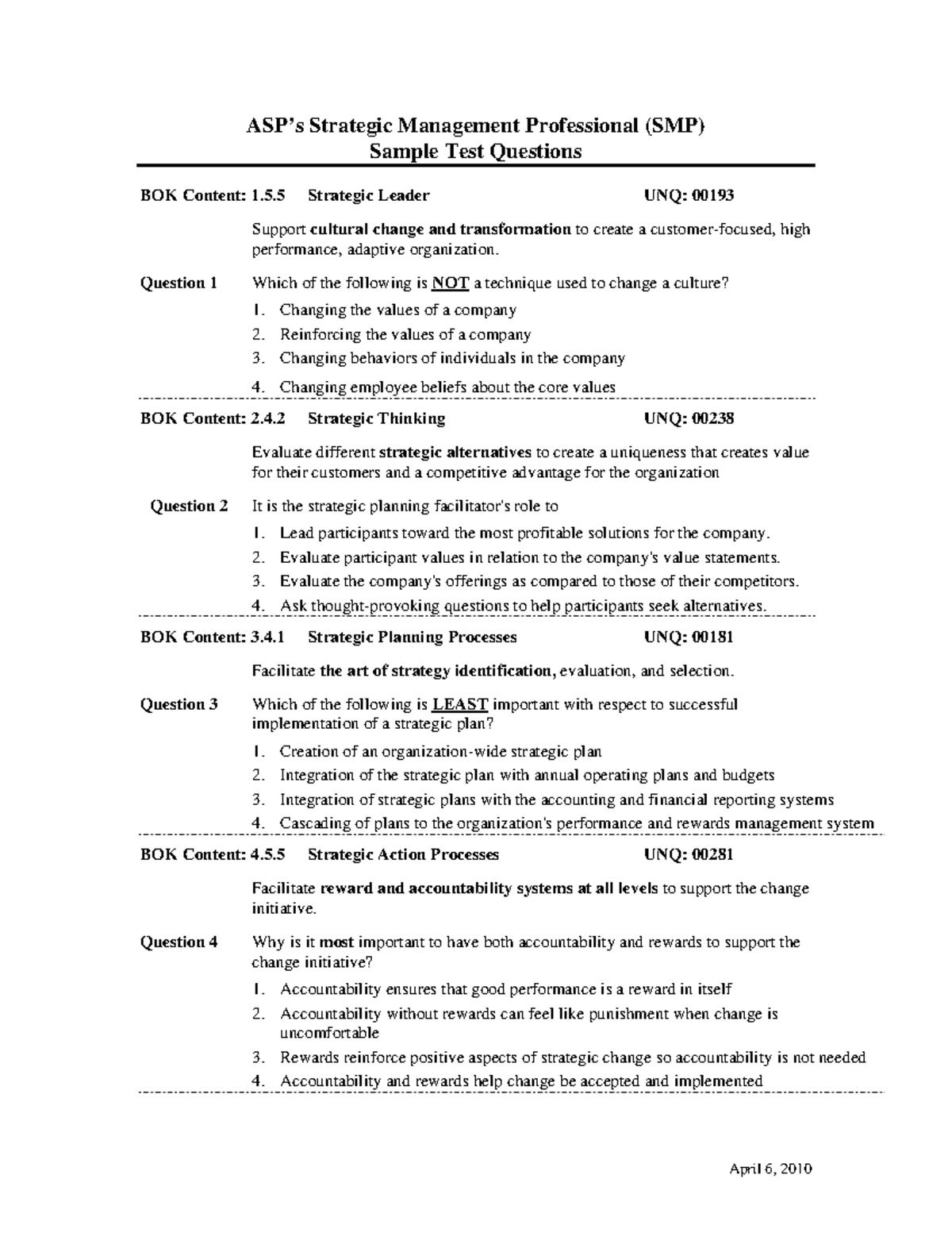 ASP SMP Sample Test Questions for Strategic Management Professionals ...