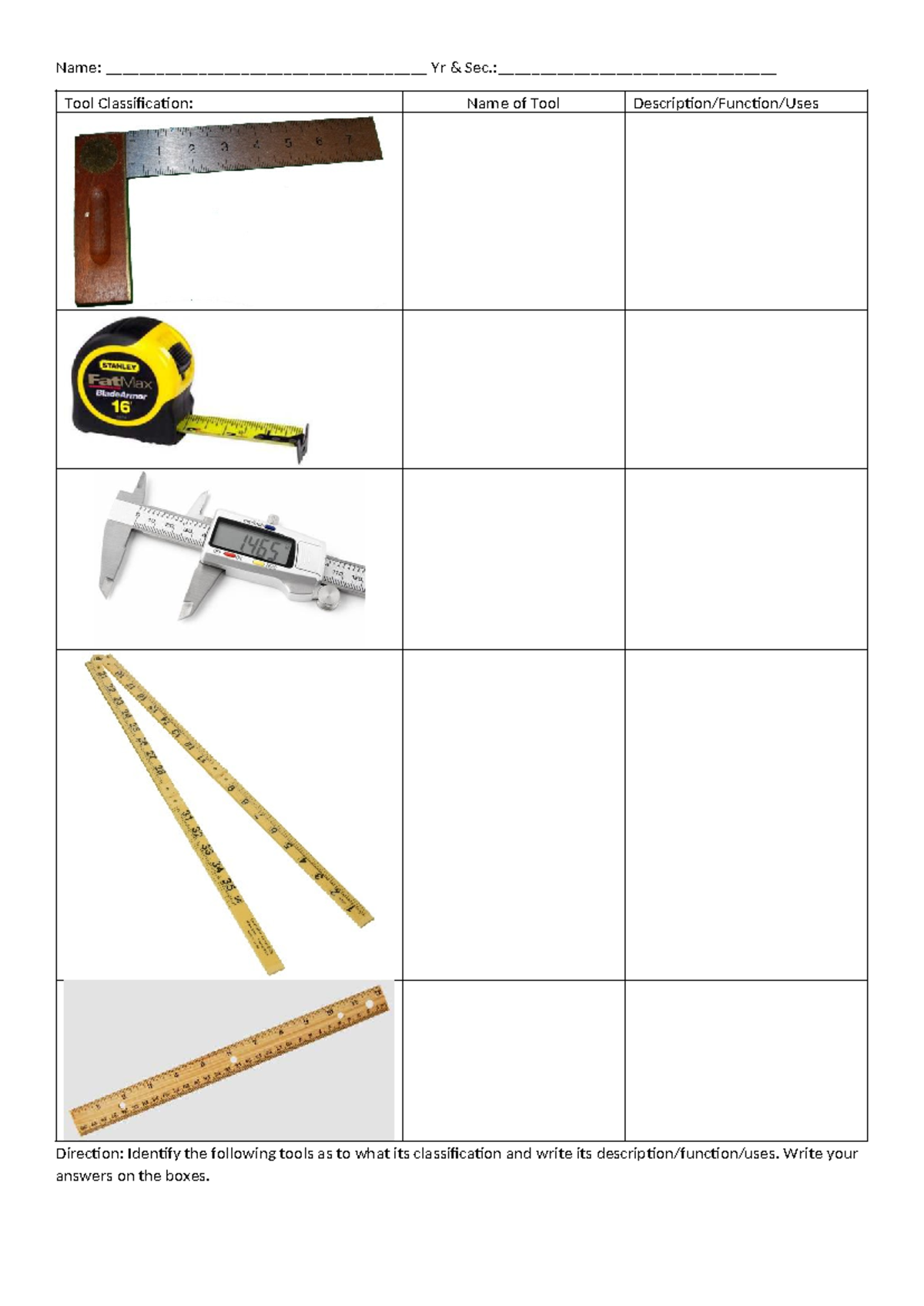 Carpentry Tool Classification Activity Sheet - Yr 2023 - Studocu