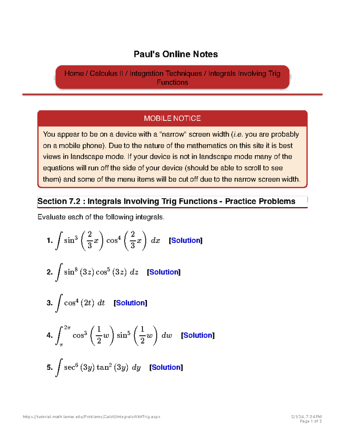 Calculus II - Practice Problems on Trig Function Integrals - Studocu
