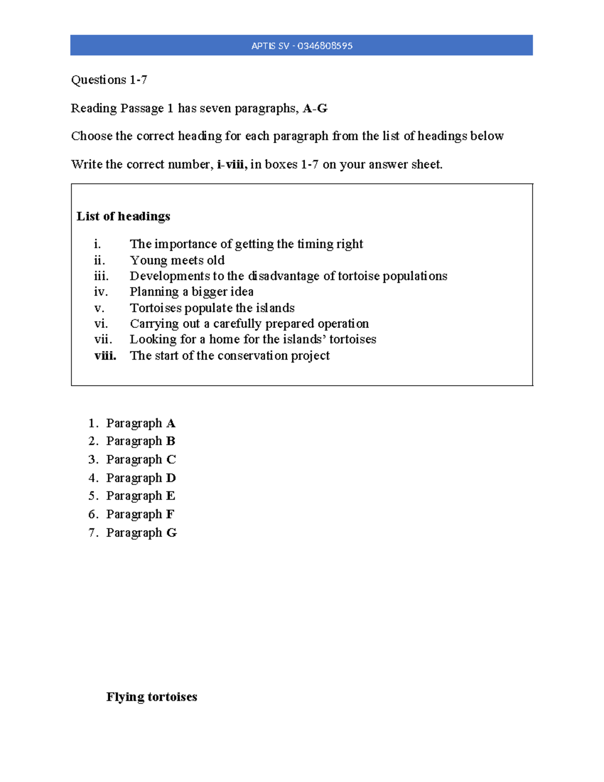 Aptis Reading - Matching headings - Aptis SV (fix) - Questions 1 ...