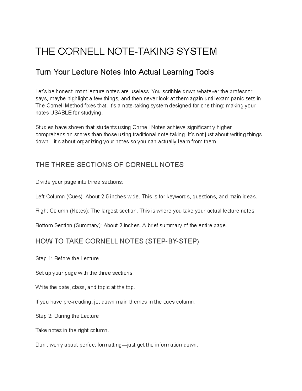 The Cornell Note-Taking System: Transforming Lecture Notes for Learning ...