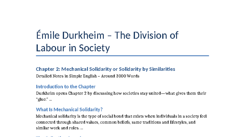 Durkheim SOC101 Chapter 2: Mechanical Solidarity Detailed Notes - Studocu