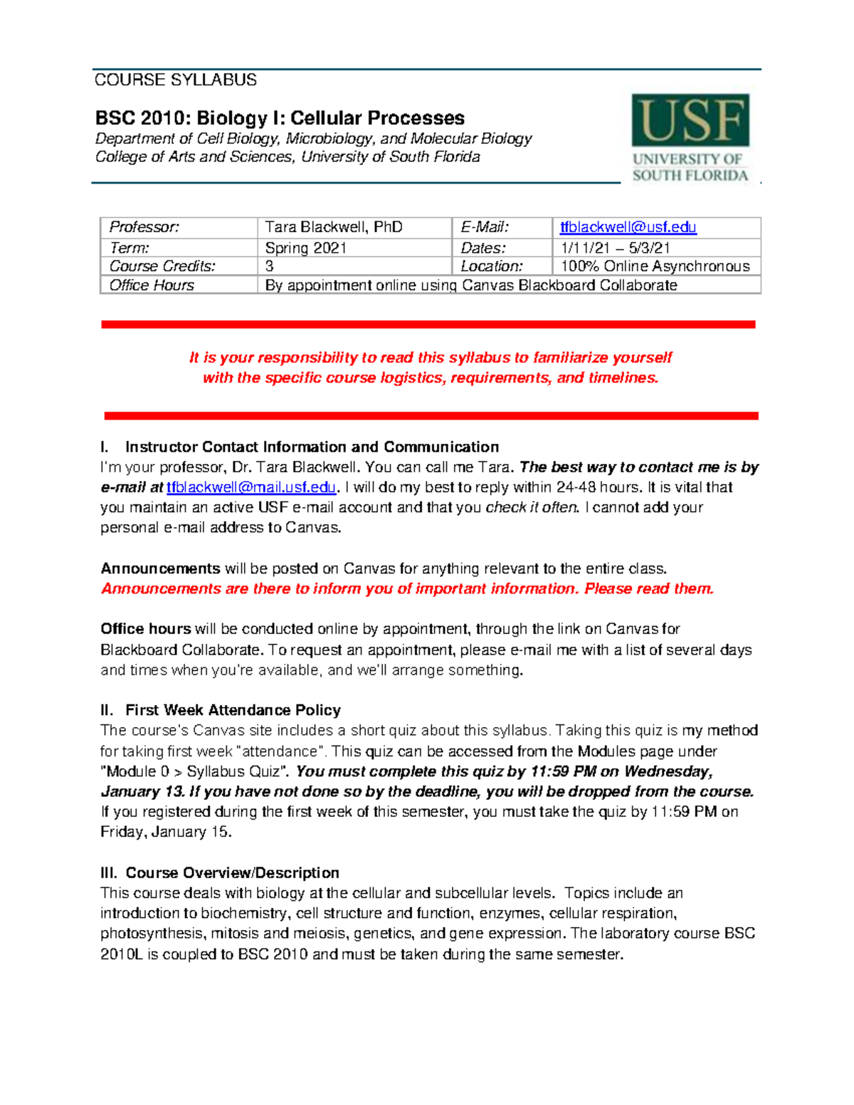 BSC 2010: Biology I Syllabus - Spring 2021 Overview and Schedule - Studocu