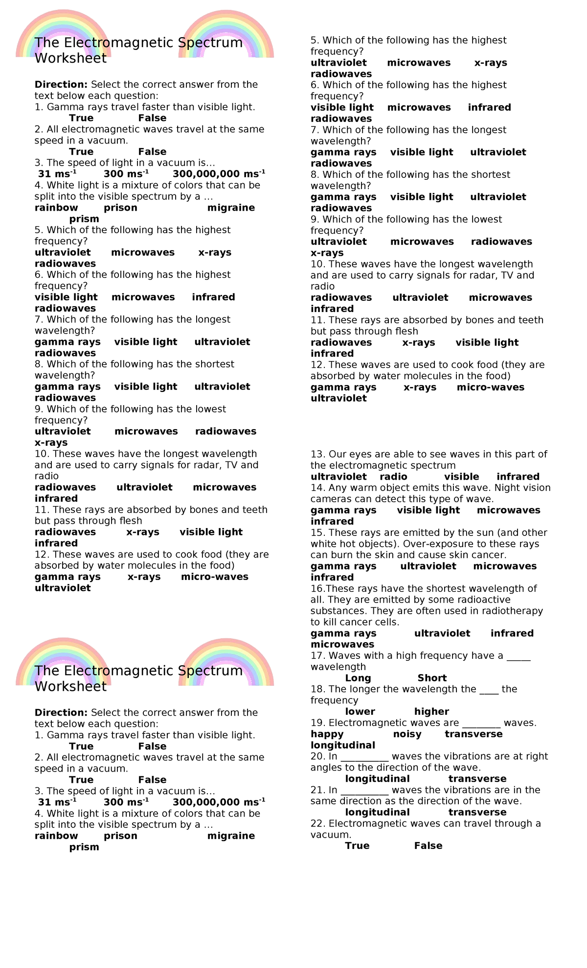 Electromagnetic Spectrum Worksheet: Quiz on Wave Properties - Studocu