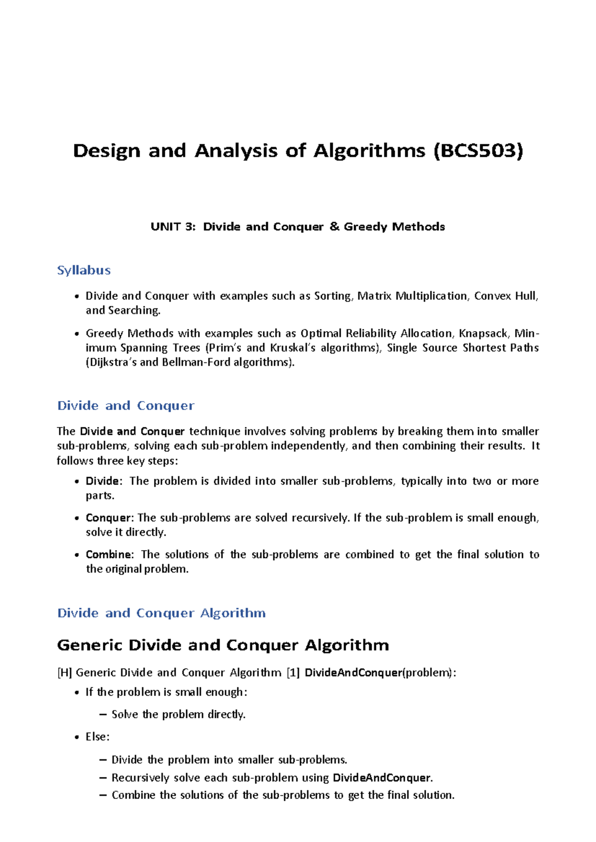 Design and Analysis of Algorithms (BCS503) Unit 3: Divide and Conquer & Greedy - Studocu