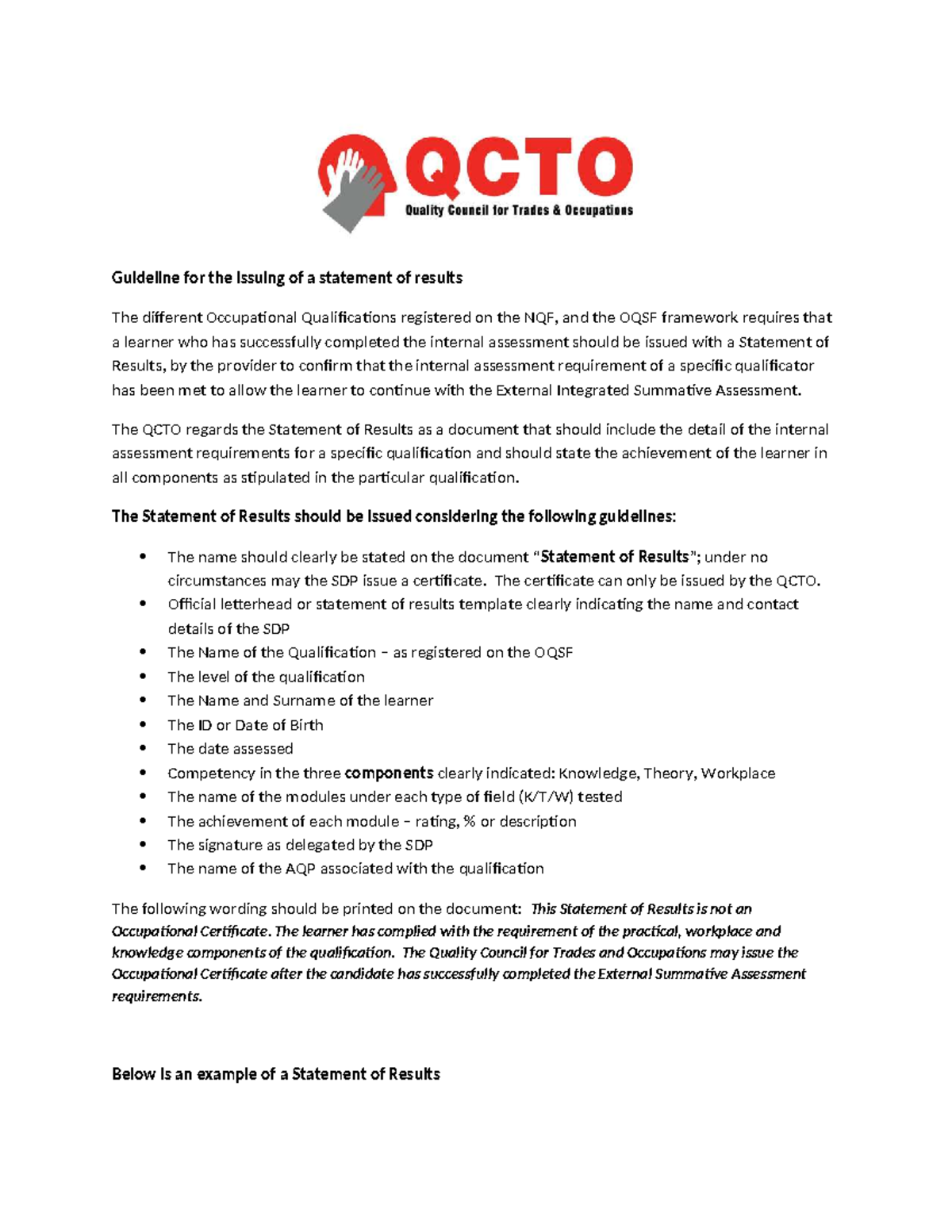 Guidelines for Issuing Statement of Results (SoR) - OQSF Framework ...
