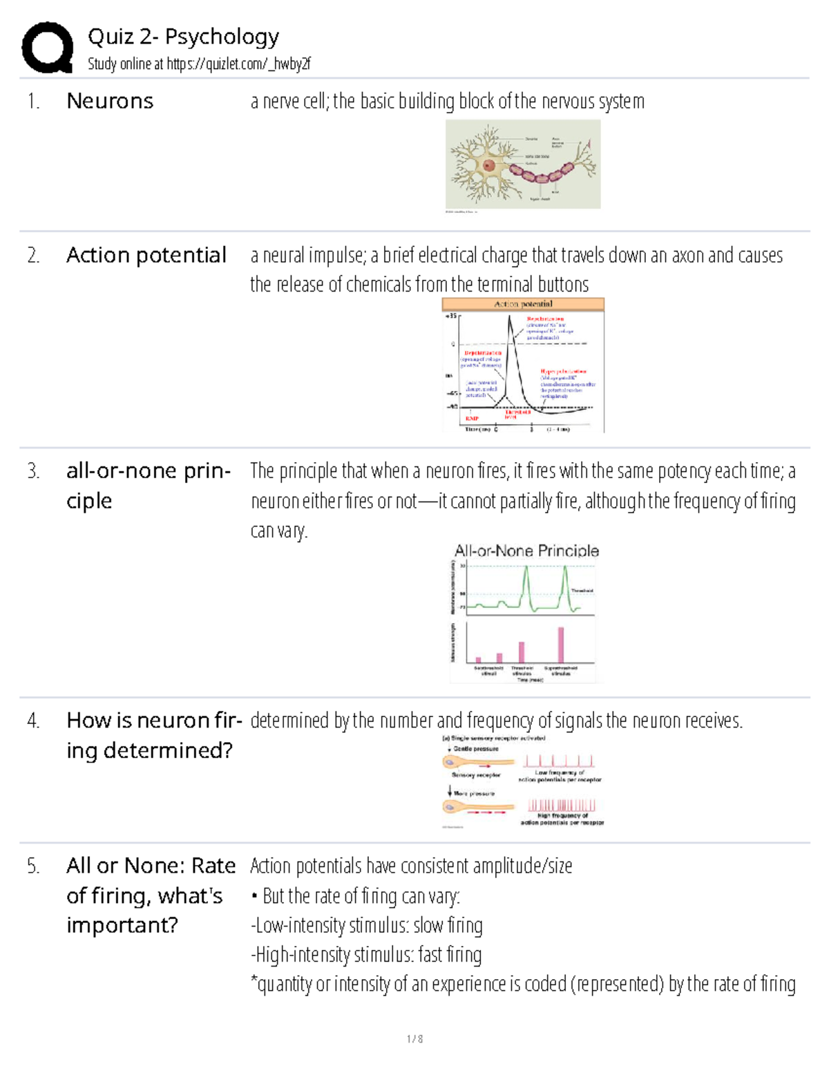 Quiz 2 - Psychology: Neural Function & Brain Structures Overview - Studocu