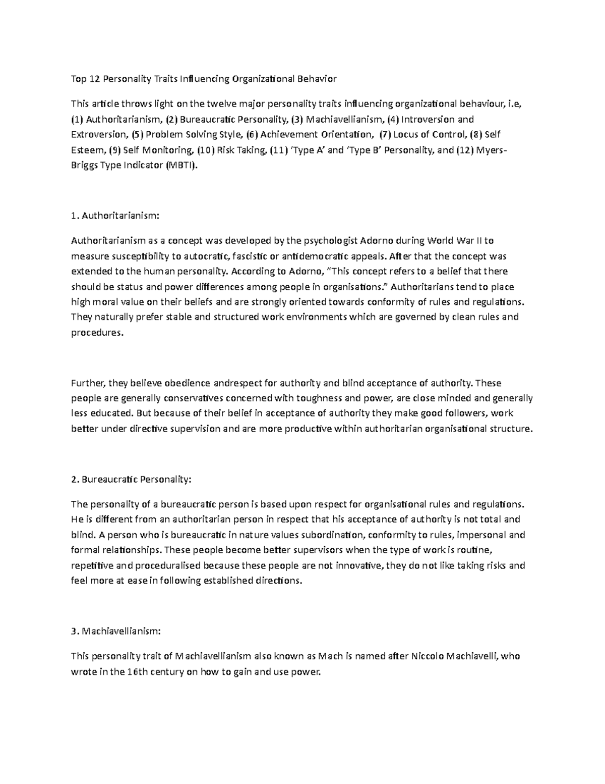 Understanding 12 Key Personality Traits in Org Behavior Analysis - Studocu