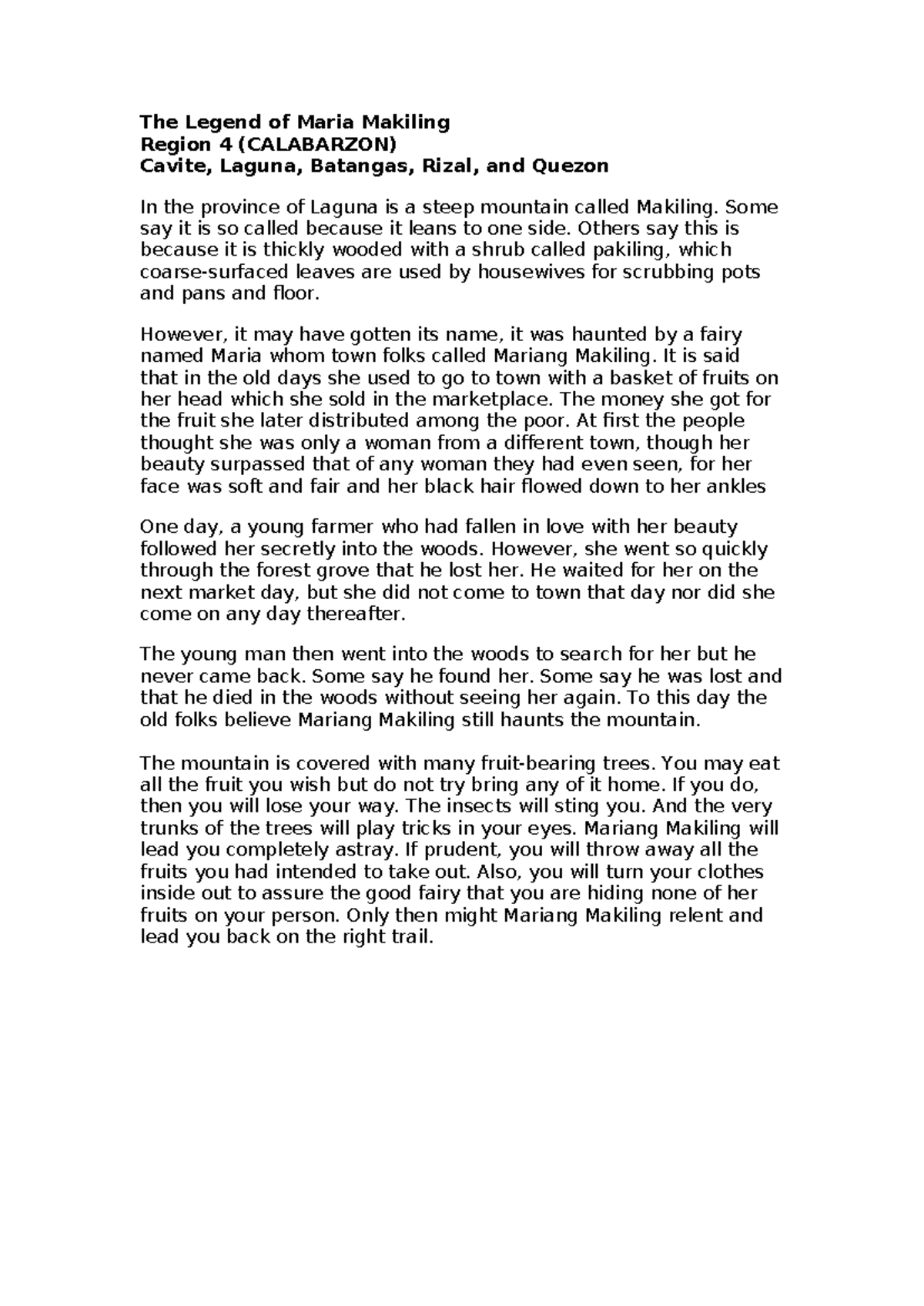 The Legend of Maria Makiling: A Tale from Region 4 (CALABARZON) - Studocu