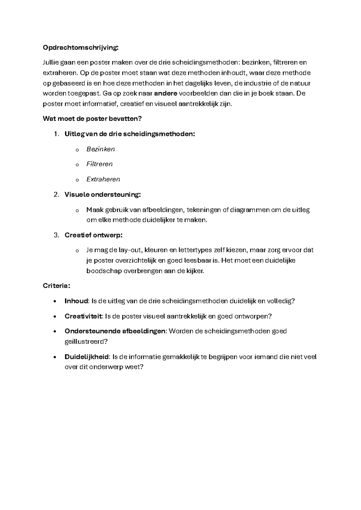 Posteropdracht - Drie Scheidingsmethoden: Bezinken, Filtreren ...