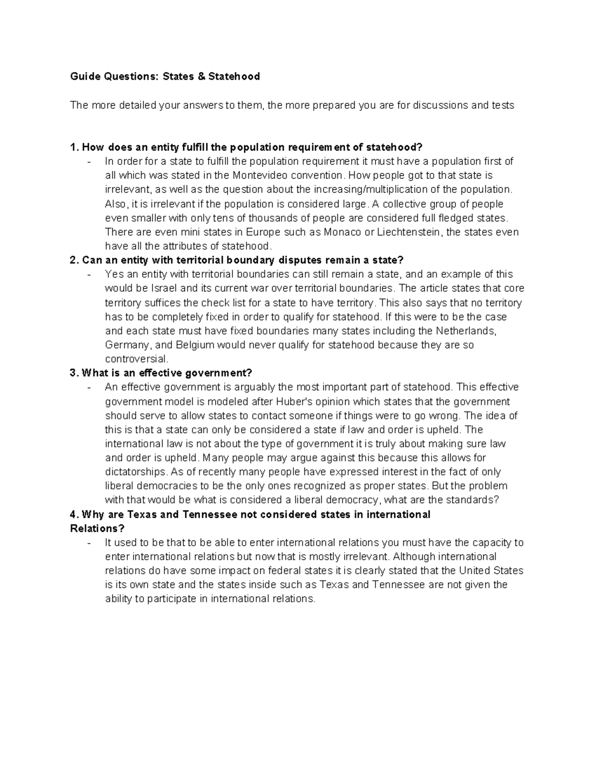 Guide Questions on States & Statehood Overview - Studocu