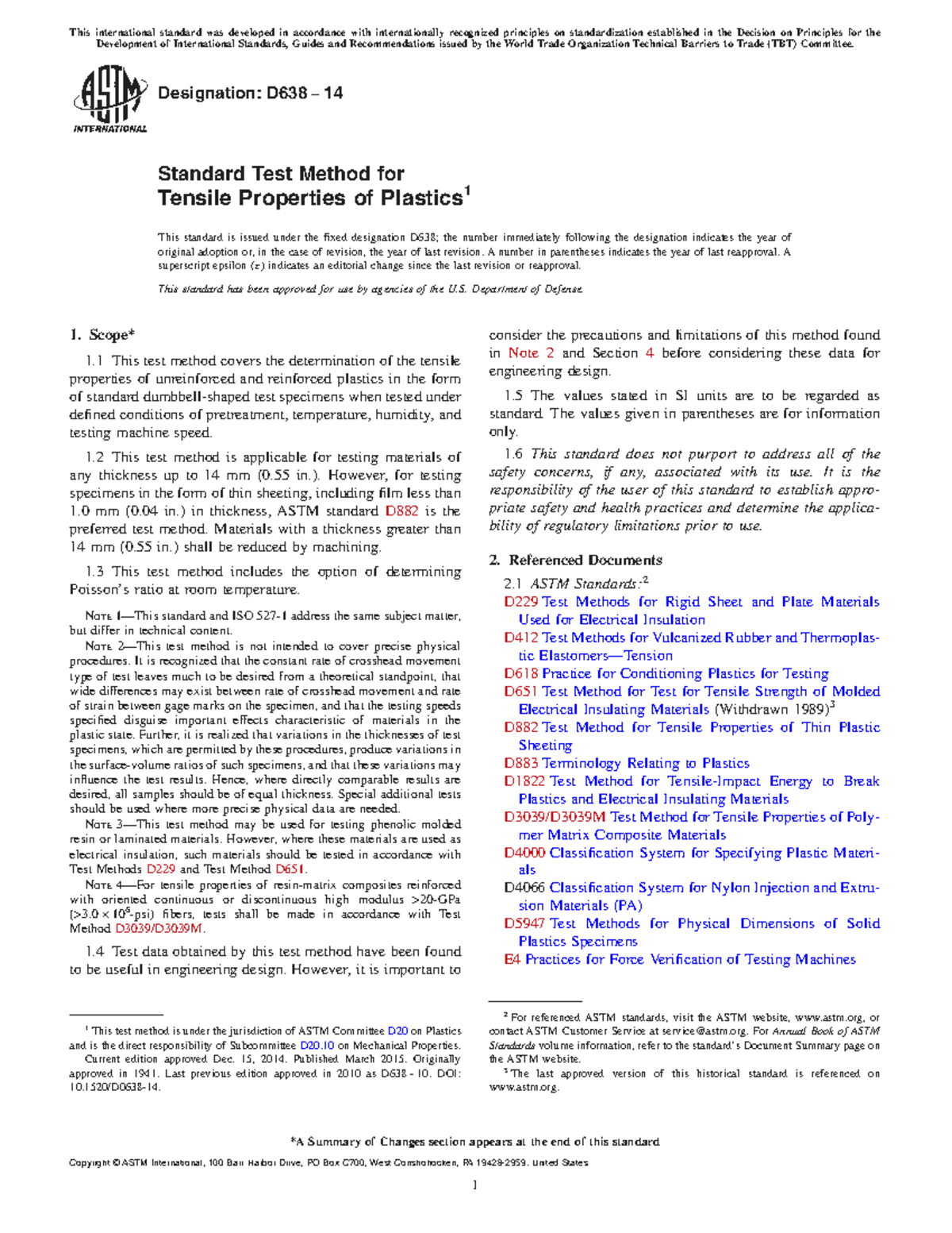 ASTM D638-14 Standard Test Method for Tensile Properties of Plastics ...