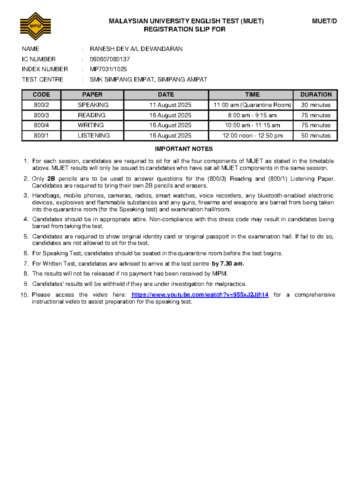 MUET Registration Slip for Ranesh Dev - Test Details & Guidelines - Studocu
