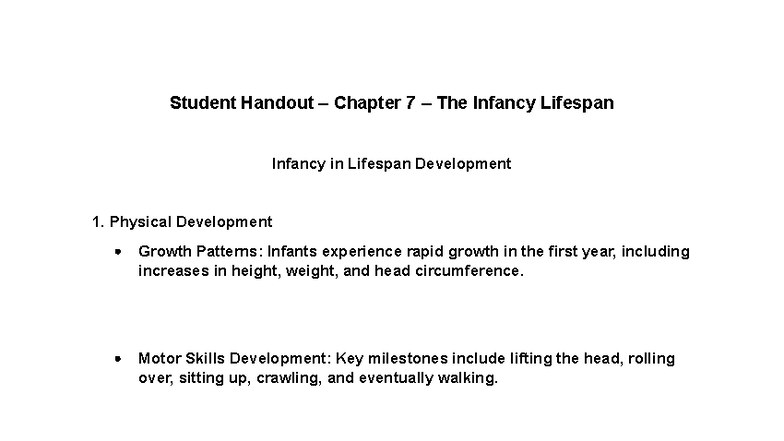 Lifespan Development Student Handout: Chapter 7 - Infancy - Studocu