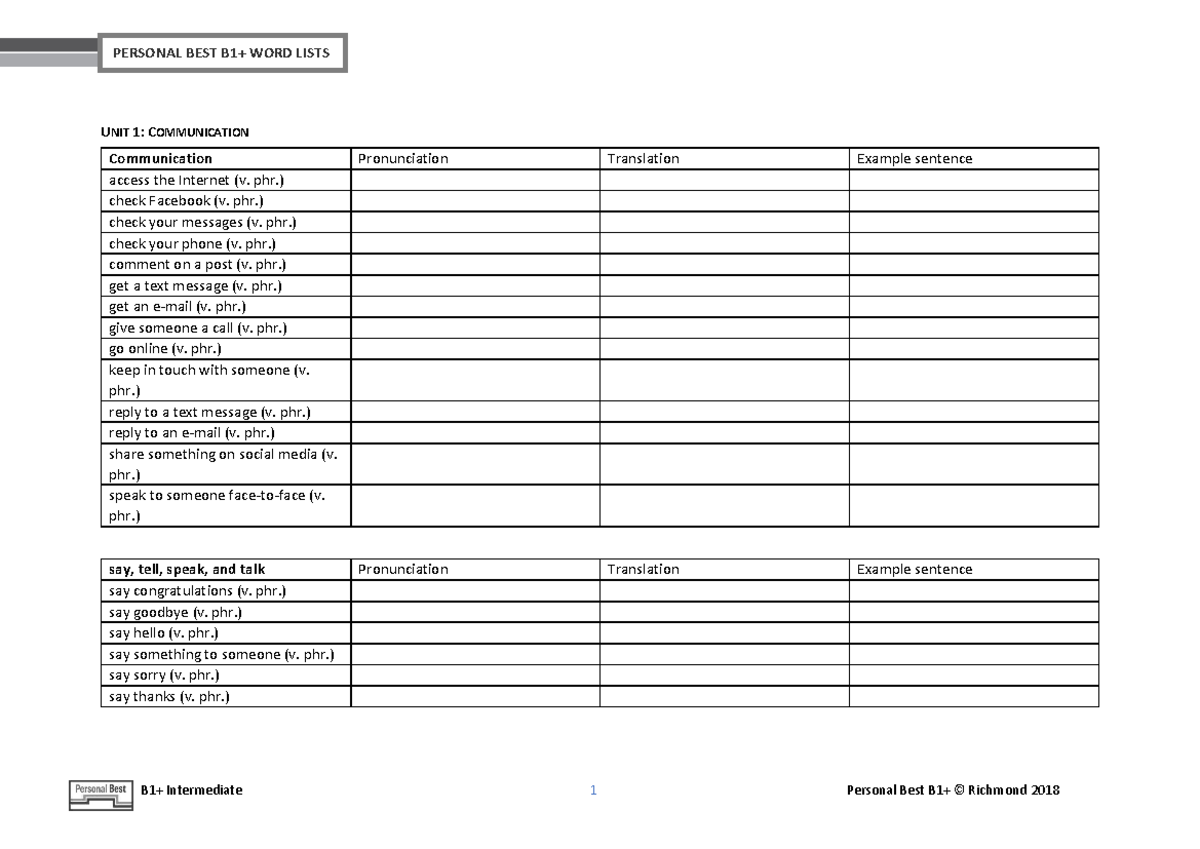 PERSONAL BEST UNIT 1: COMMUNICATION WORD LIST & EXAMPLES - Studocu