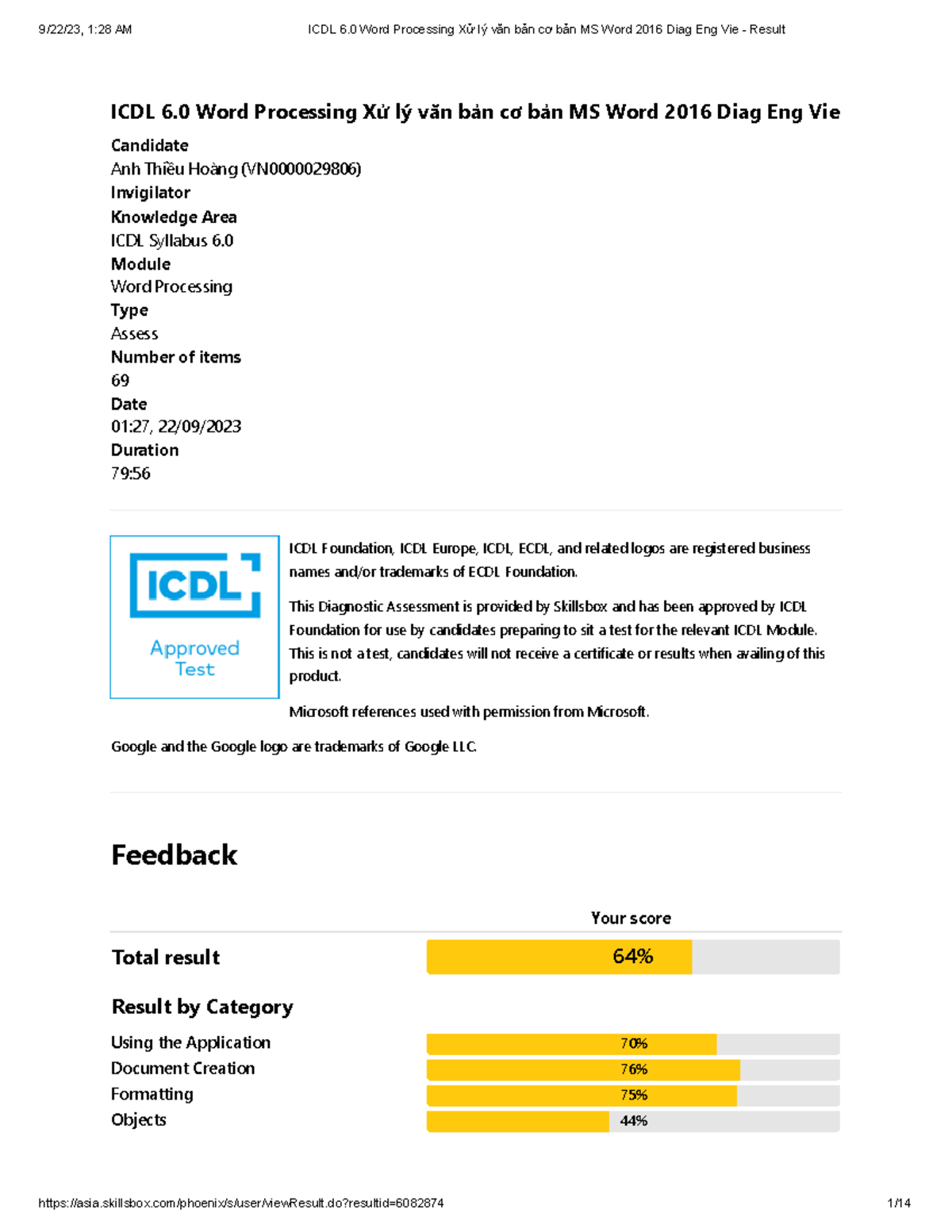 ICDL 6.0 Word Processing Diagnostic Assessment Results - MS Word 2016 - Studocu