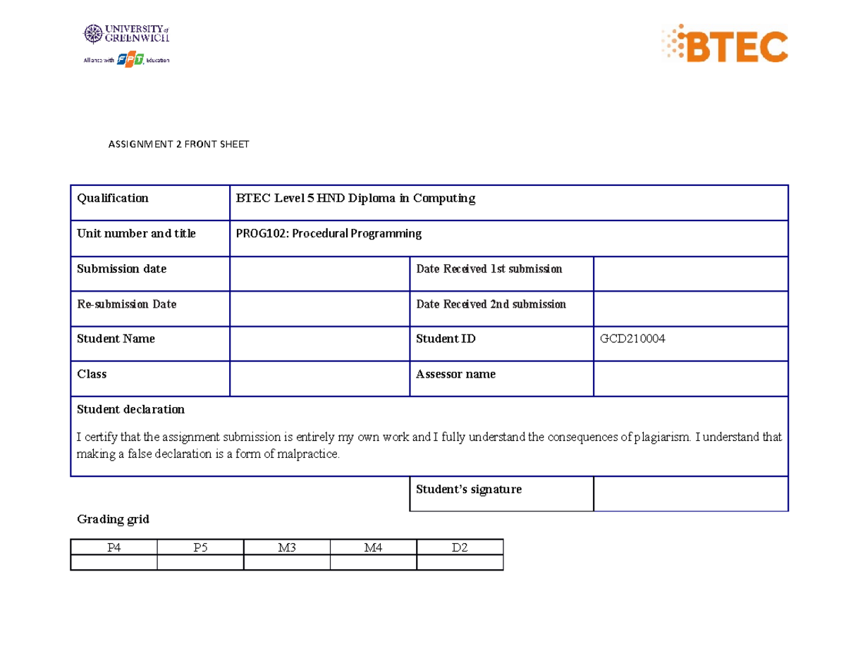 PROG102 Assignment 2 frontsheet Hồ Hoàng Quốc Việt GCD210004 - ASSIGNMENT 2 FRONT SHEET - Studocu