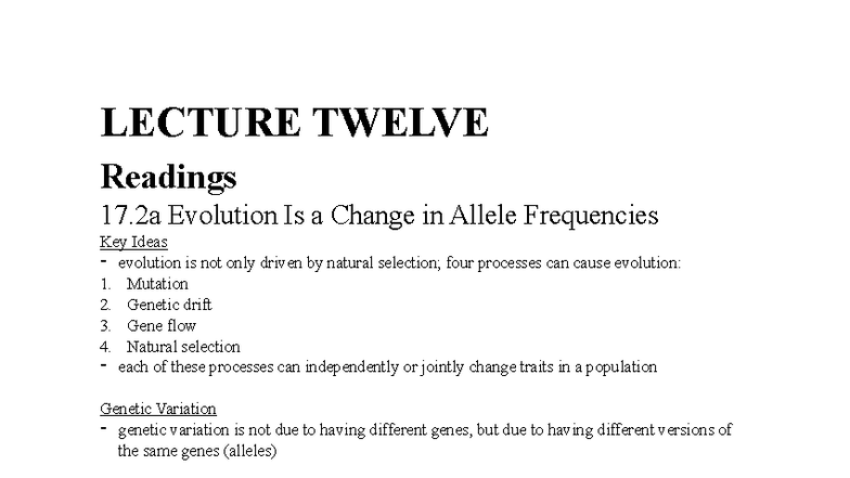 BIO 1001 - Lecture 12: Evolution and Genetic Variation Insights - Studocu