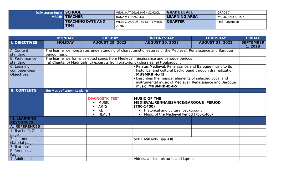 WEEK 2-3 MAPEH 9 - Daily Lesson Log for Medieval to Baroque Music - Studocu