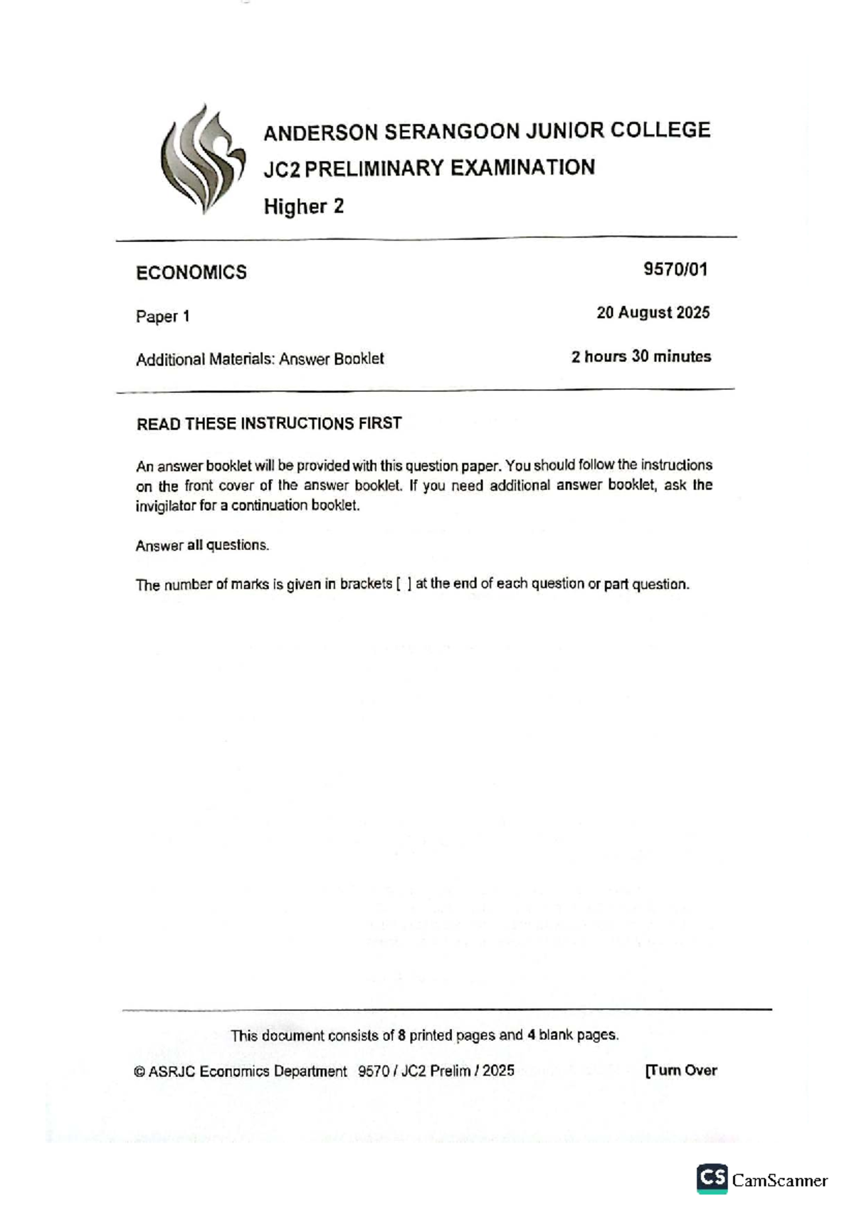 ASRJC 9570 JC2 Prelim 2025 Higher 2 Economics Paper 1 - Studocu