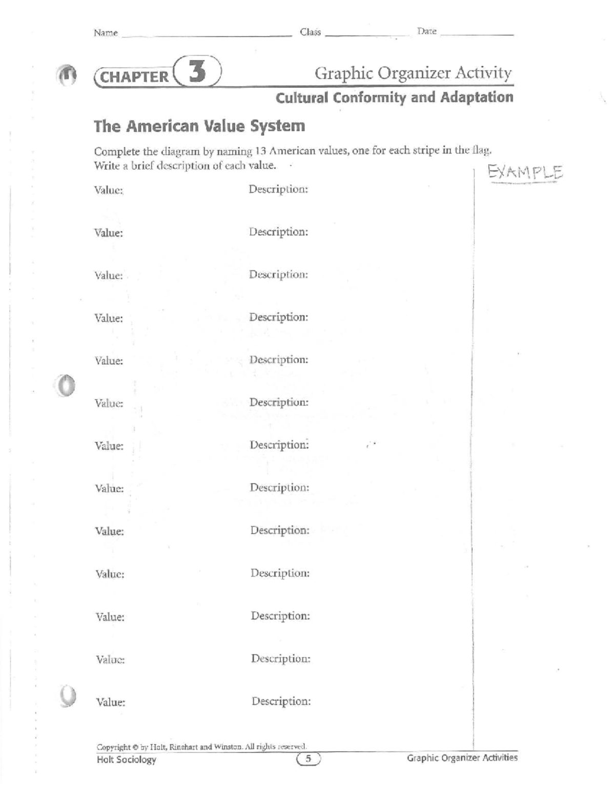 Holt Sociology 5: CH 3 Graphic Organizer on American Values - Studocu