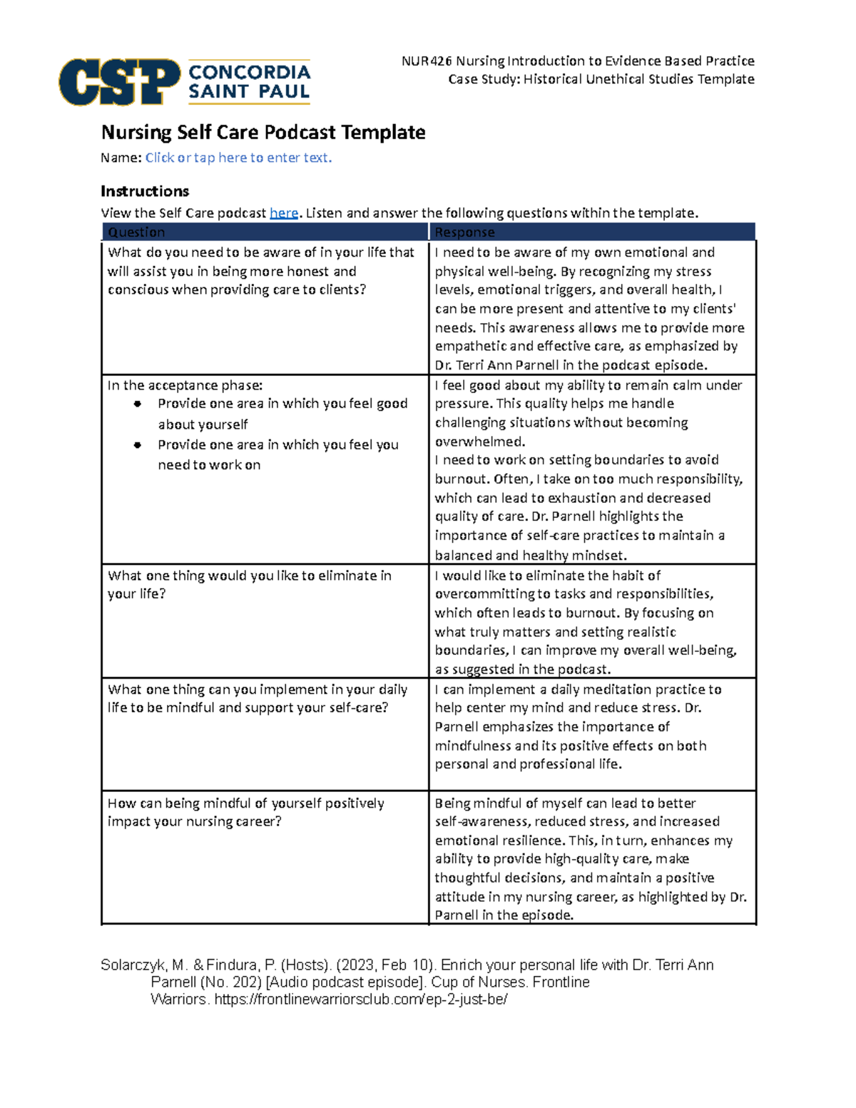 NUR426 Nursing Self-Care Podcast Clinical Pre-work Template - Studocu