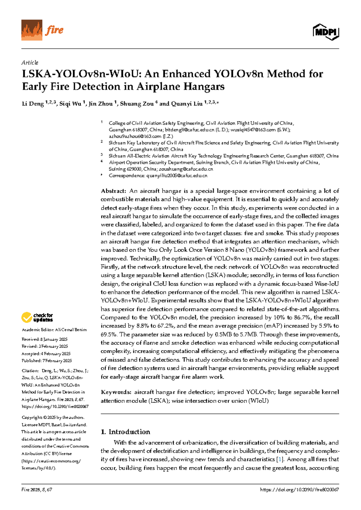 WIoU: Enhanced YOLOv8n for Early Fire Detection in Aircraft Hangars ...