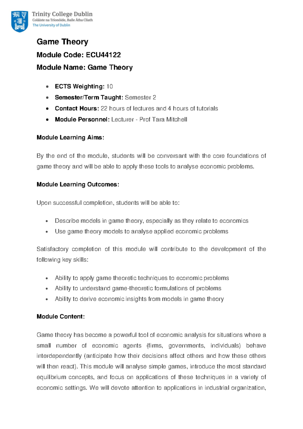 ECU44122 Game Theory: Key Concepts and Applications 2526 - Studocu