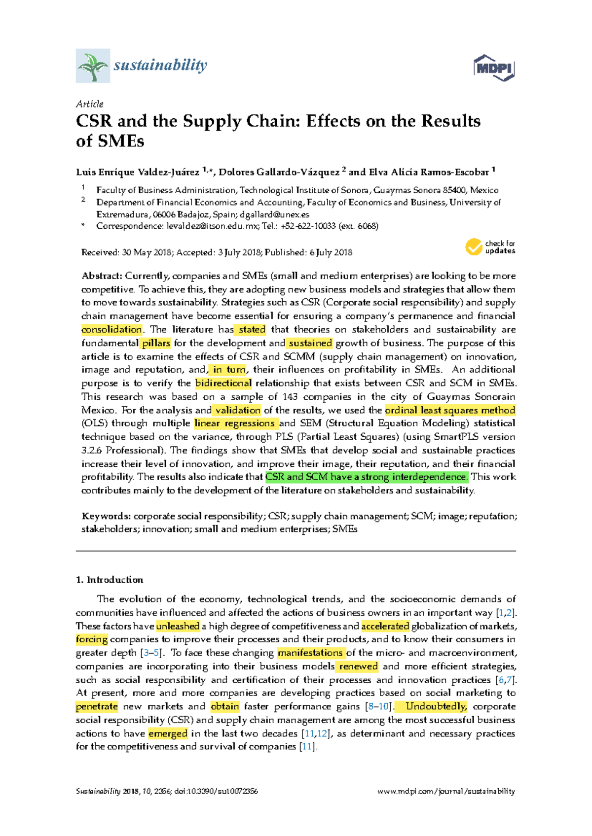 Sustainability 10 02356: CSR and Supply Chain Impact on SME Profitability - Studocu