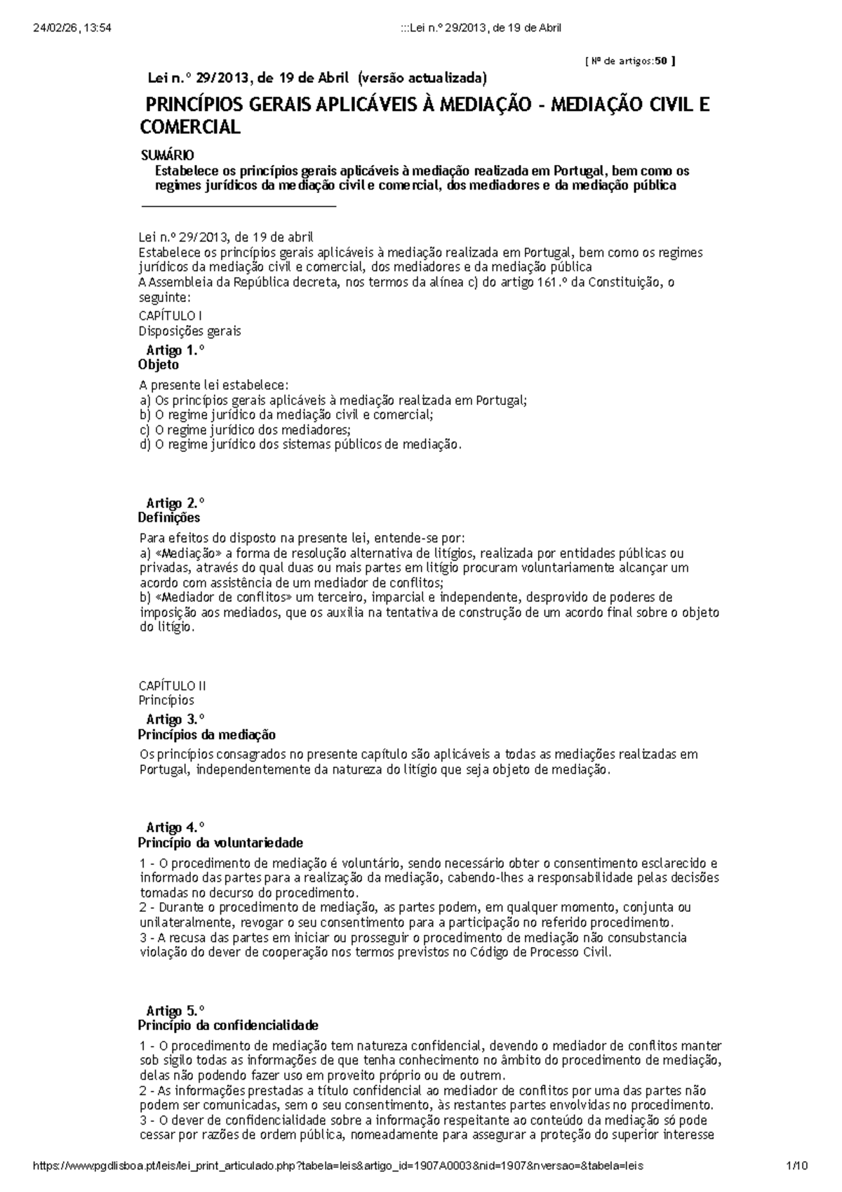 Lei n.º 29/2013: Princípios Gerais da Mediação Civil e Comercial - Studocu