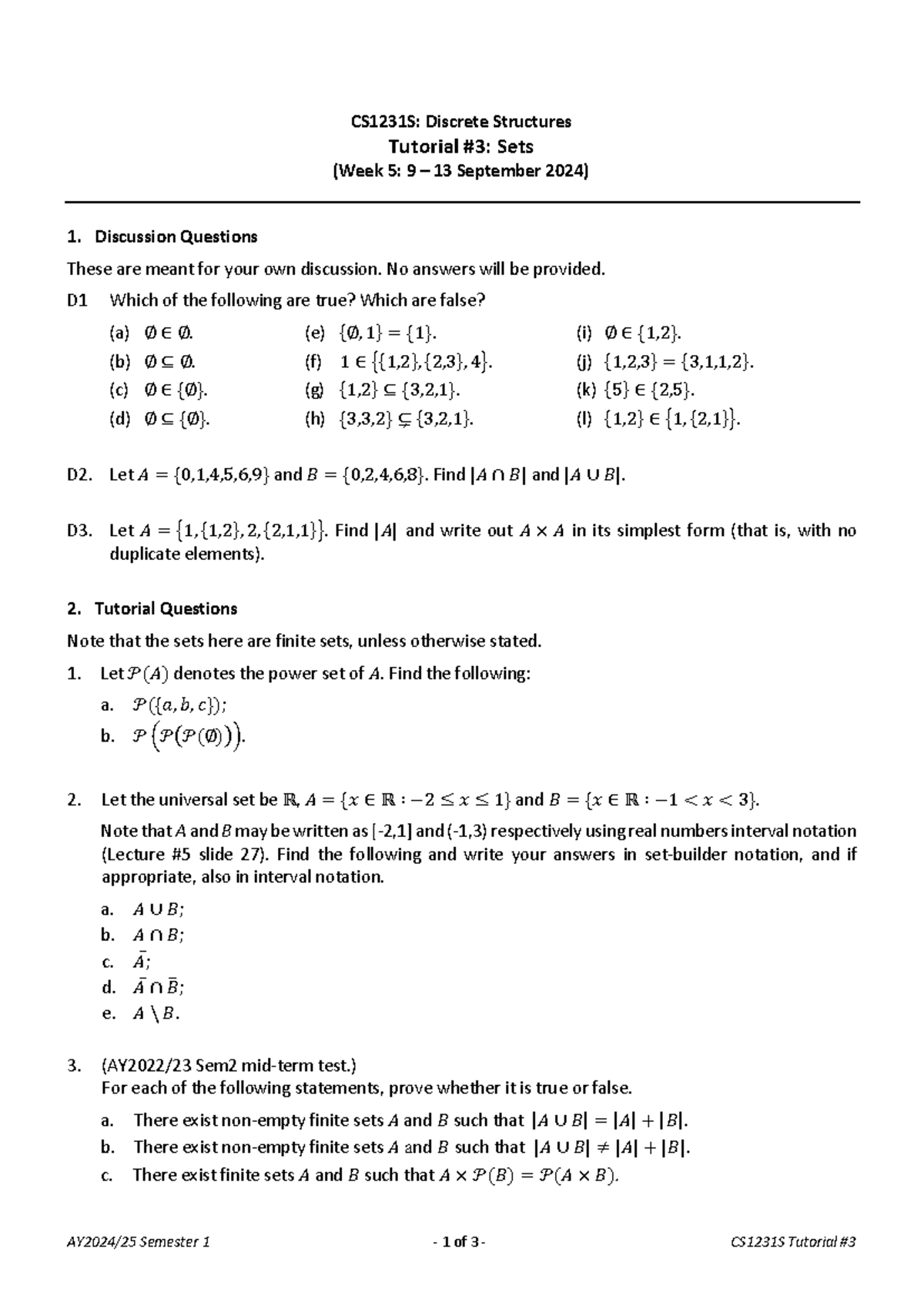 CS1231S: Tutorial #3 Questions on Sets and Their Properties - Studocu